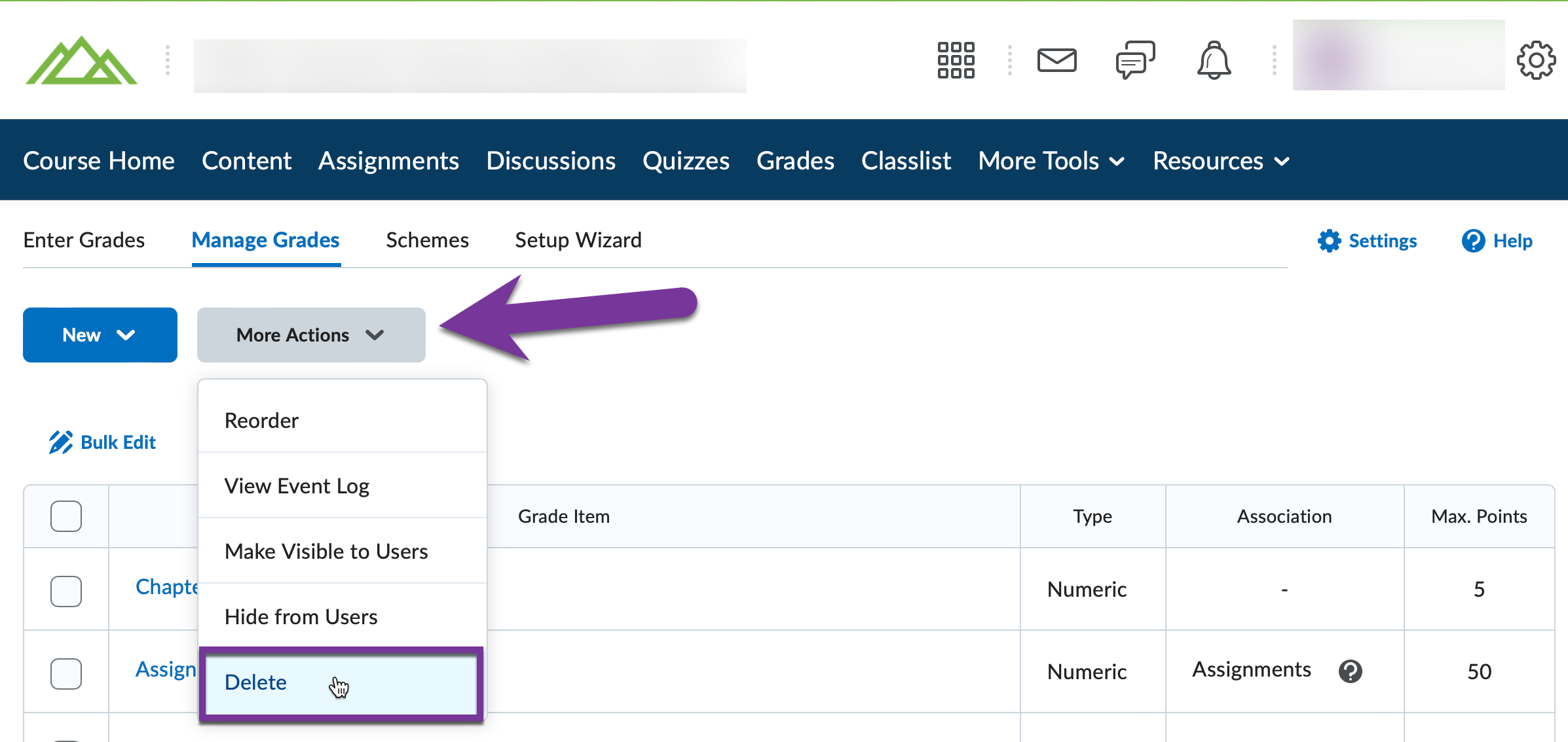 Delete a Grade Column / Item – PPSC eLearning Knowledge Base & Support